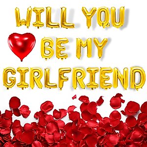 Will You Be My Girlfriend Balloons - 16'' Balloon Letters, Alphabet Foil Mylar Balloon with 200pcs Artificial Rose Petals for Valentine Day Decorations (Will You Be My Girlfriend Balloons Gold)