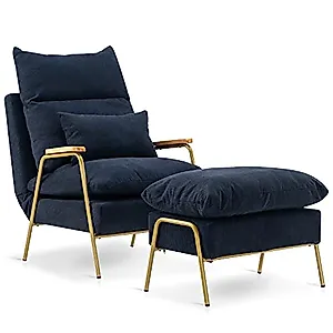 MCombo Accent Recliner Chair with Ottoman, Modern Fabric Armchair, Upholstered Sofa Bed for Living Room Bedroom, Small Space 4055 (Golden Frame, Dark Blue)