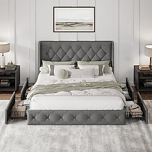 LARMACE Queen Size Bed Frame Linen Upholstered Bed with 4 Storage Drawers and Wingback Headboard Tufted Platform Beds Frame with Wood Slats Support, No Box Spring Needed, Light Grey