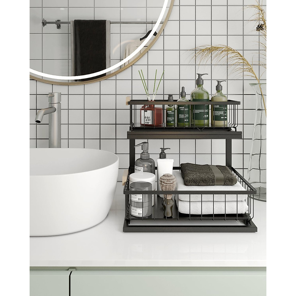 Lefipor Under Sink Organizer L-shaped. 2 Tier Pull Out Cabinet Organizer. Metal Sliding Shelf Storage. Slide Out Under Sink Storage Organizer for Kitchens, Bathrooms-Black