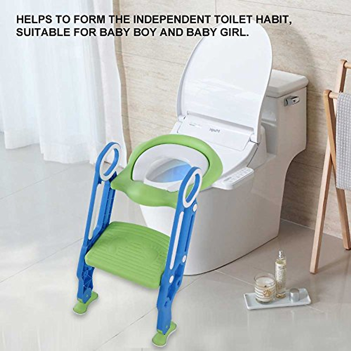Toilet Training Seat, Adjustable Baby Safety Potty Training Seat Chair Foldable Kids Toilet Potty Trainer with Step Stool Ladder and Soft Cushion for Toddler Child Baby Boys Girls(Blue Green)