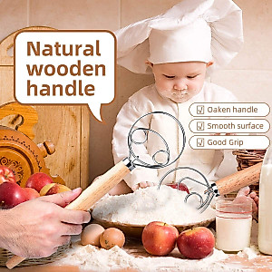Danish Dough Whish Bread Mixer, 2 Pack Stainless Steel Dutch Whisk Hand Mixer Wooden Handle Kitchen Baking Tool for Baking Cake Dessert Sourdough Pizza and Pastry, Artisian Blender.