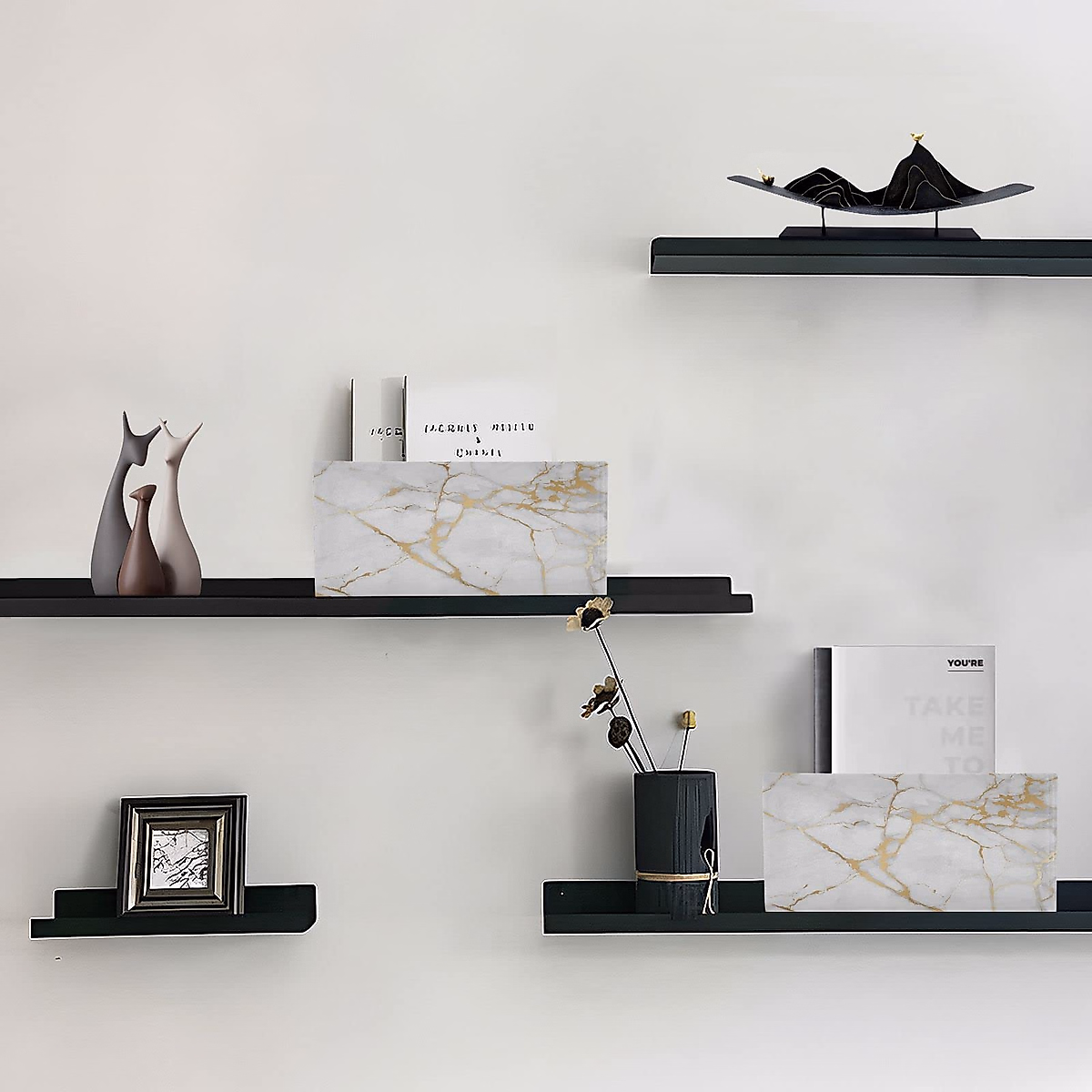 Kcldeci Luxury Marble Stone Gold White Storage Bins Baskets for Organizing, Sturdy Storage Basket Foldable Storage Baskets for Shelves Closet Nursery Toy