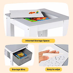 Kinder King Kids Wood Table & 2 Chairs Set, 3 in 1 Children Activity Table w/Storage, Removable Tabletop, Blackboard, 3-Piece Toddler Furniture Set for Art, Crafts, Drawing, Reading, Grey& White…