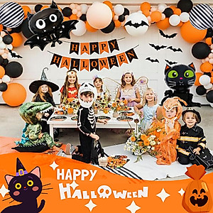 Halloween Balloon Garland Arch Kit, Halloween Party Decorations with Bats & Black Cat Foil Balloons Black Orange White Balloons, Happy Halloween Banner, Halloween Party Decor Supplies