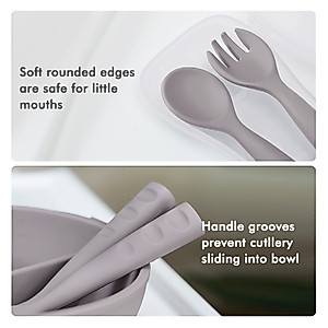 haakaa Toddler Forks and Spoons with Travel Safe Case,Self Feeding Toddler Utensils,Easy Grip Bendy Food-grade Silicone,Gray,12m+