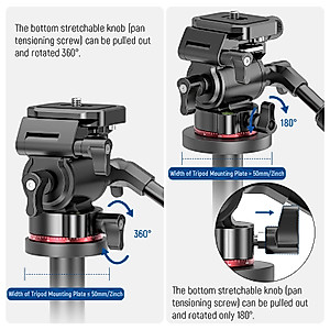 NEEWER Video Tripod Head Upgraded with Vertical/Horizontal Switch, Compact Metal Pan Tilt Fluid Head with Arca Type QR Plate & Telescopic Handle, 1/4” Screw for Camcorder/DSLR, Max Load 3kg, GM26
