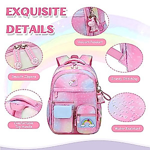 PIG PIG GIRL Girls Backpack, Functional Pockets Kids Backpack Kawaii Lightweight School Backpack Watrer Resistant Book Bag with Unicorn Pendant for Primary Elementary School,Pink