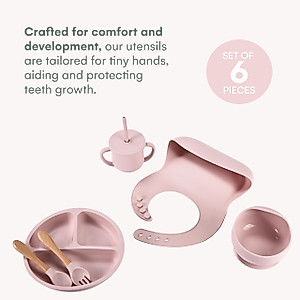 Childlike Behavior Baby Led Weaning Set 6 - Silicone Baby Feeding Set - Pastel Pink Self Feeding Baby Wooden Fork and Spoon, Plates, Bibs - Easy to Grip - Eating Learning Essentials