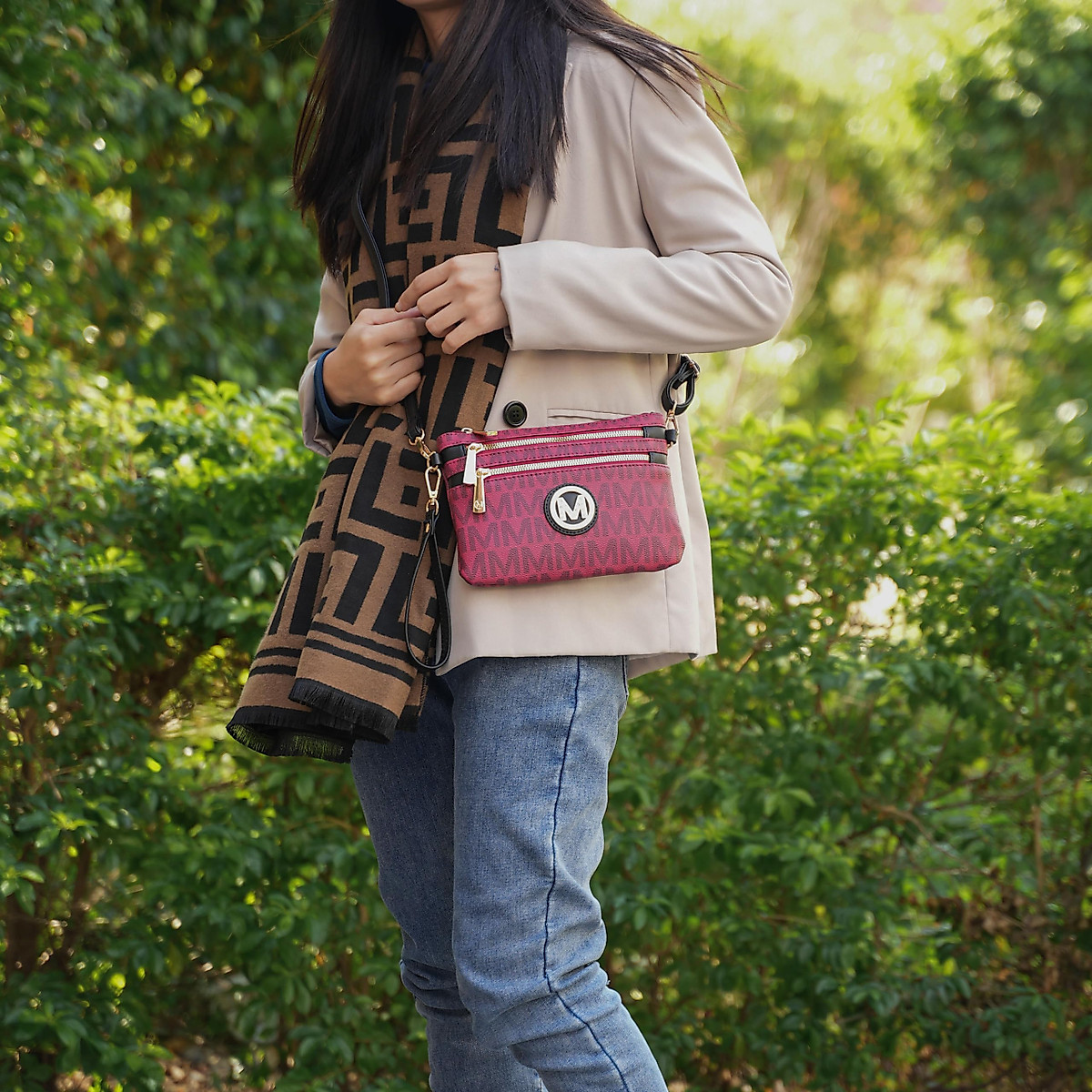 MKF 2 in 1 Crossbody Bags for Women, Wristlet Purse - Ladys Small PU Leather Messenger Handbag - Adjustable Strap Brown