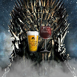 I Drink And I Know Things Beer and Wine Glass Set- Cool Present Idea for Bridal Shower, Wedding, Engagement, Anniversary and Couples - Him, Her, Mr. Mrs. Mom Dad