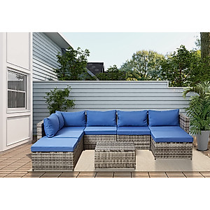 INSTORY 8 Pieces Outdoor Patio Sofa Sets All Weather Weaving Sectional Couch Furniture PE Rattan Wicker Patio Conversation Set with Storage Table (Brown Rattan,Blue)