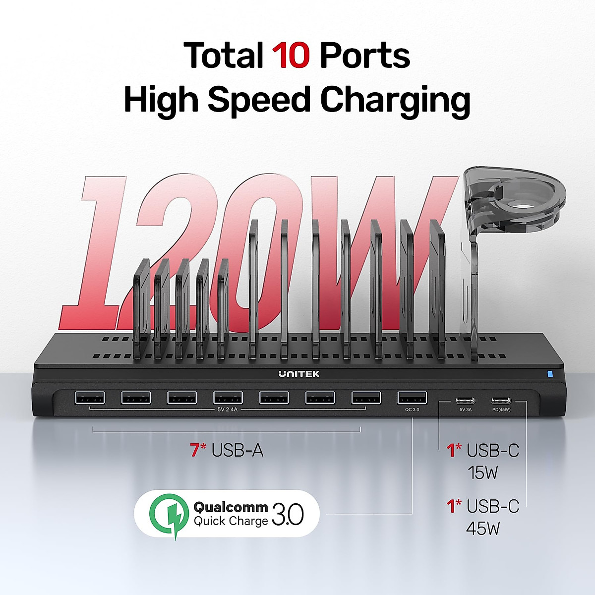 Unitek USB Charging Station 120W 10 Fast Port Multi Charge Docking Hub for Multiple Apple Devices with QC 3.0 PD 45W Port, Charger Organizer Compatible with iPad, iPhone, Tablet, iwatch,Cell Phone