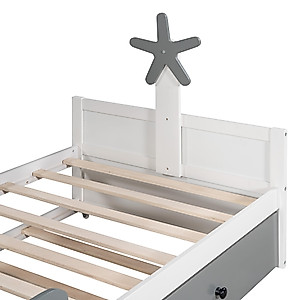 Harper & Bright Designs Kids Twin Bed with Trundle and Storage, Solid Wood Boat-Shaped Platform Bed Frame, No Box Spring Needed, for Girls Boys Bedroom (Twin Size, Gray)