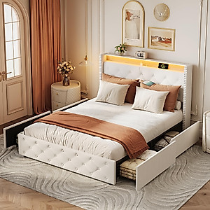 Vabches Full Size Bed Frame with LED Headboard & Drawers, Velvet Upholstered Platform Bed Frame with Led Light and Charging Station, Wingback Storage Metal Bed, Beige