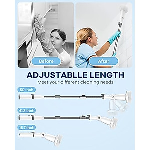 MABOGU Electric Spin Scrubber, Cordless Shower Scrubber with 8 Replaceable Brush Heads, Bathroom Scrubber Electric Dual Speeds, Shower Cleaning Brush with Extension Arm for Tub Tile Floor(Grey&White)