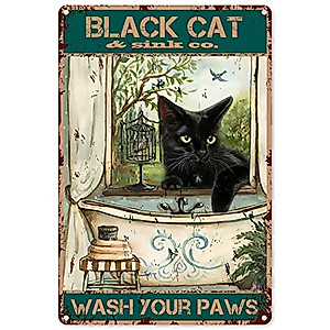 Funny Bathroom Quote Metal Tin Sign Wall Decor - Vintage Black Cat Wash Your Paws Tin Sign for Office/Home/Classroom Bathroom Decor Gifts - Best Farmhouse Decor Gift for Women Men Friends - 8x12 Inch