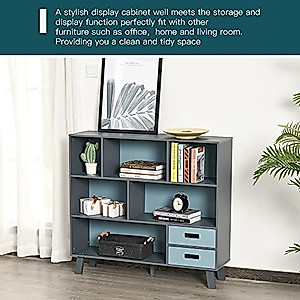 HOMCOM 3-Tier Child Bookcase Open Shelves Cabinet Floor Standing Cube Storage Organizer with Drawers - Dark Blue
