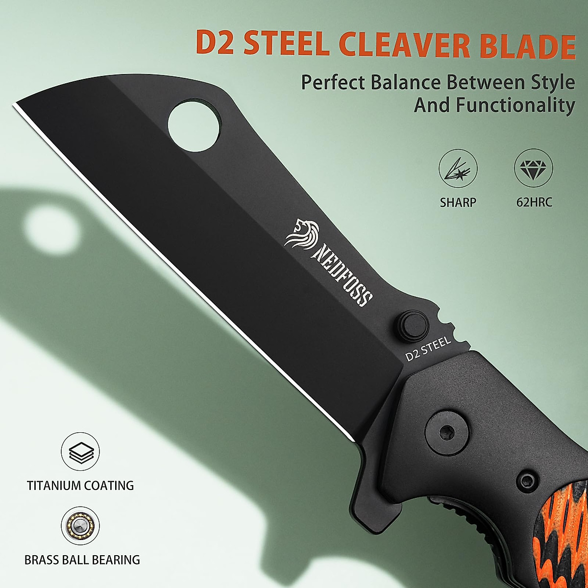 NedFoss Ratel Pocket Knife - 3.4" D2 Steel Black PVD Blade, G10 Handle, Folding Knife w/Clip, Cleaver EDC Knife & Gift for Men.