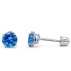 14k White Gold Round Solitaire Stud Earrings with Screw Back Blue Topaz CZ Size-4mm