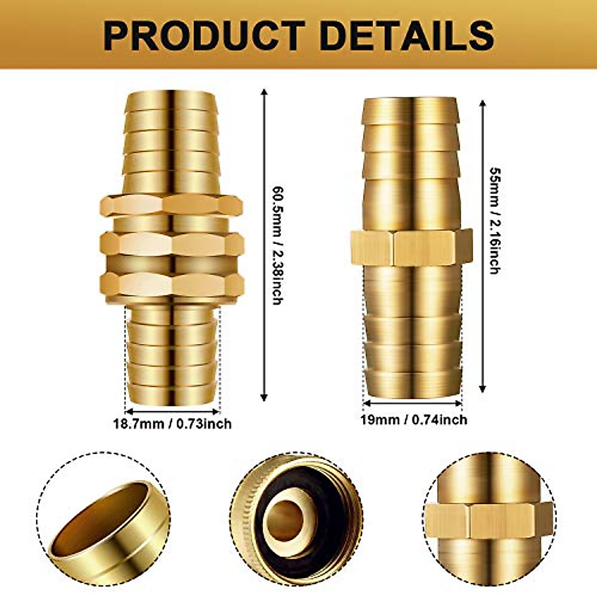 4 Set 3/4 Inch Solid Brass Garden Hose Connector Hose Mender, Water Hose Repair Kit Female and Male Hose Connector with Tape, Stainless Steel Clamp and Rubber Gasket