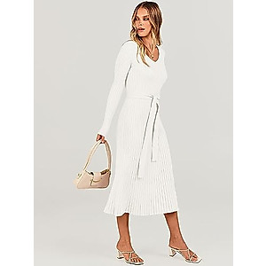 ANRABESS Sweater Dresses for Women 2023 Fall Long Sleeve Ribbed Knit V Neck Tight Tie Waist Cute Comfy Holiday Warm Winter Midi Bodycon Dress with Belt 994mibai-M White