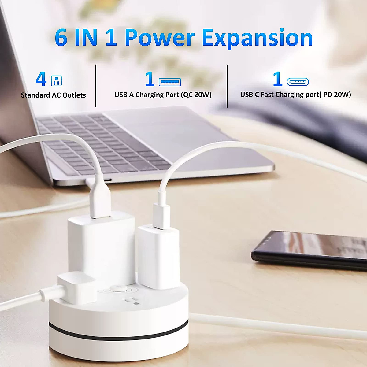 Happlee Retractable Surge Protector Power Strip 4 Widely Outlets 2 Fast Charging USB Ports (USB C USB A) PD 20W with Retractable Extension Cord, Wall Mount Travel Power Strip for Home Office Travel
