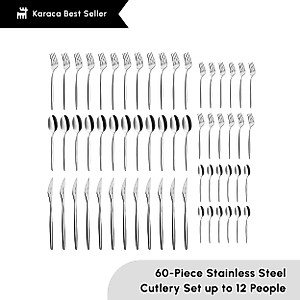 Karaca Lizbon 60-Piece Cutlery Set for 12 People -18/10 Stainless Steel, Dinnerware Tableware Silverware Service, includes Forks, Spoons, knives, forks, Teaspoons, Mirror Polished, Dishwasher Safe