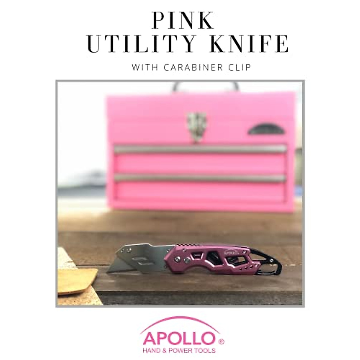 Apollo Tools Foldable Utility Knife with Lightweight Steel Construction, Carabiner Clip, Quick Blade Change Technology, Lock Feature. Accommodates Standard Blades - Pink Ribbon - Pink - DT5017P