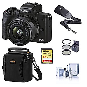 Canon EOS M50 Mark II Mirrorless Camera with EF-M 15-45mm f/3.5-6.3 is STM Lens, Black Bundle with Bag, 64GB SD Card, Filter Kit, Sling Strap, Cleaning Kit