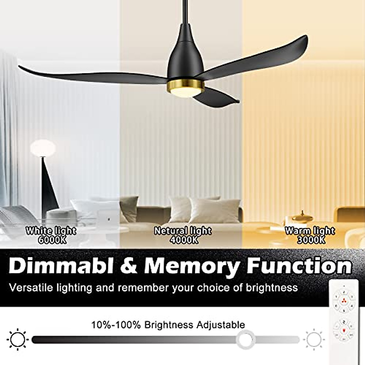 LEEAGLEGRY 52 Inch Black Ceiling Fan with Lights and Remote, Black and Gold Ceiling Fans with Dimmable LED Light, 3 Blade Modern Fan, Quiet DC Motor Tri-Color for Bedroom Living Dining Room