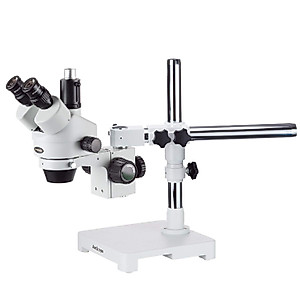 AmScope SM-3TZ-FODR-10M Digital Professional Trinocular Stereo Zoom Microscope, WH10x Eyepieces, 3.5X-90X Magnification, 0.7X-4.5X Zoom Objective, Fiber Optic Dual-Gooseneck and Ring Light, Single-Arm Boom Stand, 110V-120V, Includes 0.5X and 2.0X Barlow L
