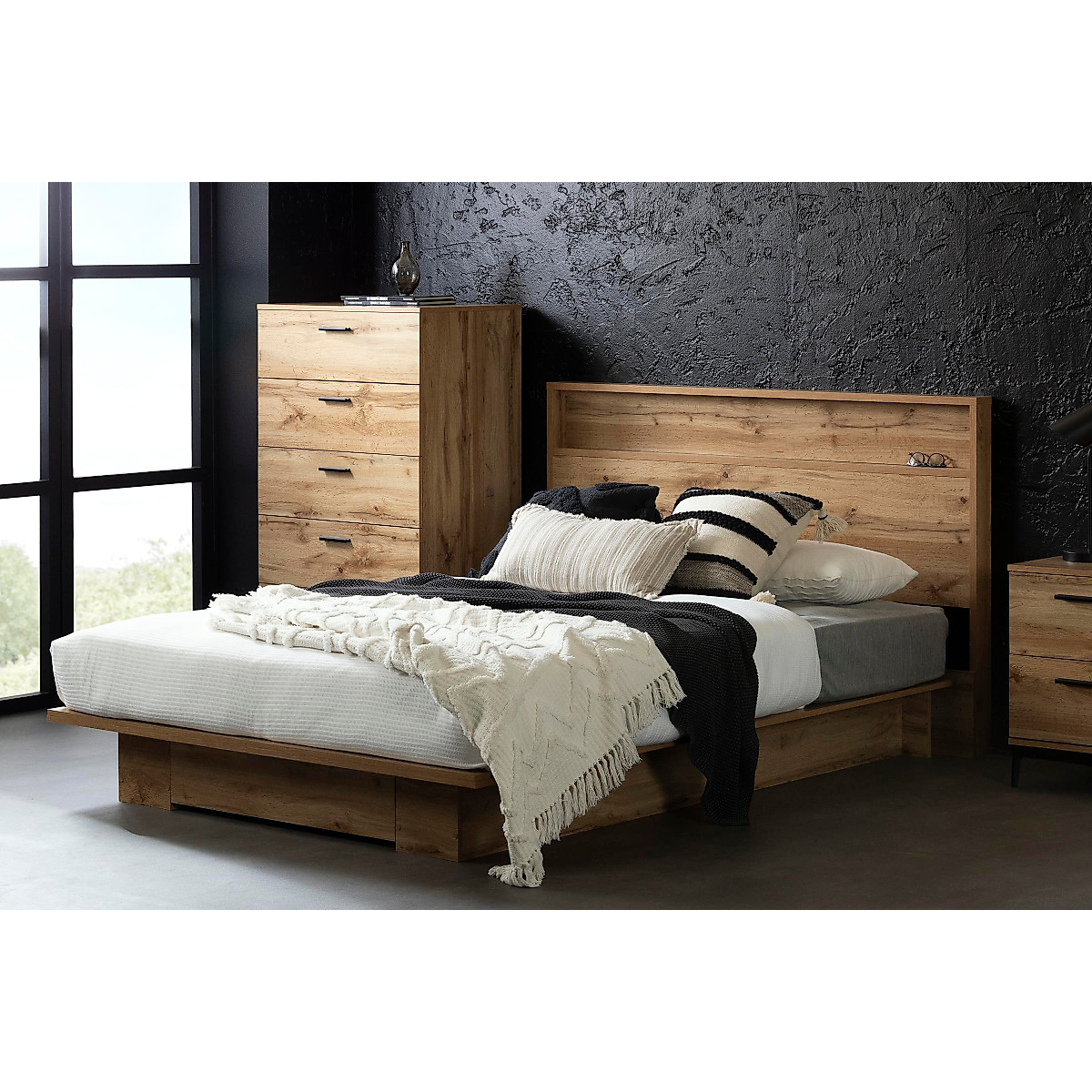 South Shore Musano Platform Bed with Drawer, Full/Queen, Nordik Oak