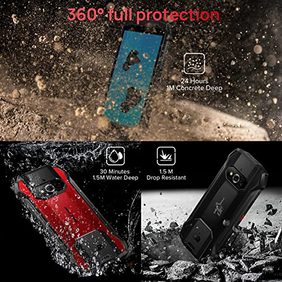 Ulefone Armor 15 Rugged Smartphone (Build-in TWS Earbuds), Android 12, Dual Stereo Speakers, 5.45'' HD+ IP68 Waterproof Mobile Phone Unlocked, 6GB+128GB, 16MP+13MP+12MP, GPS NFC FM- Black