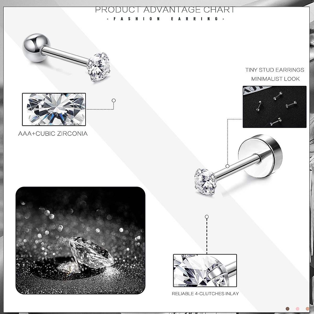 Drperfect 8 Pairs Cartilage Earring Stud for Womens Mens Tiny Stainless Steel Ear Stud Piercing CZ Screw Flat Back Barbell Stud Earrings 2-5mm