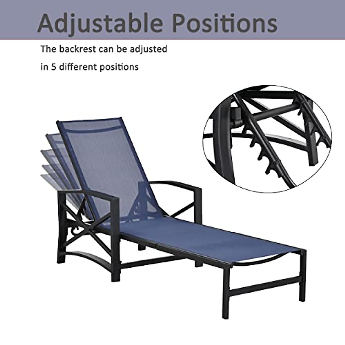 LOKATSE HOME 2 Pieces Outdoor Patio Chaise Lounge Blue Removable Cushions and Pillows with Adjustable Backrest and Armres Reclining Chairs for Beach Poolside Balcony Backyard Garden