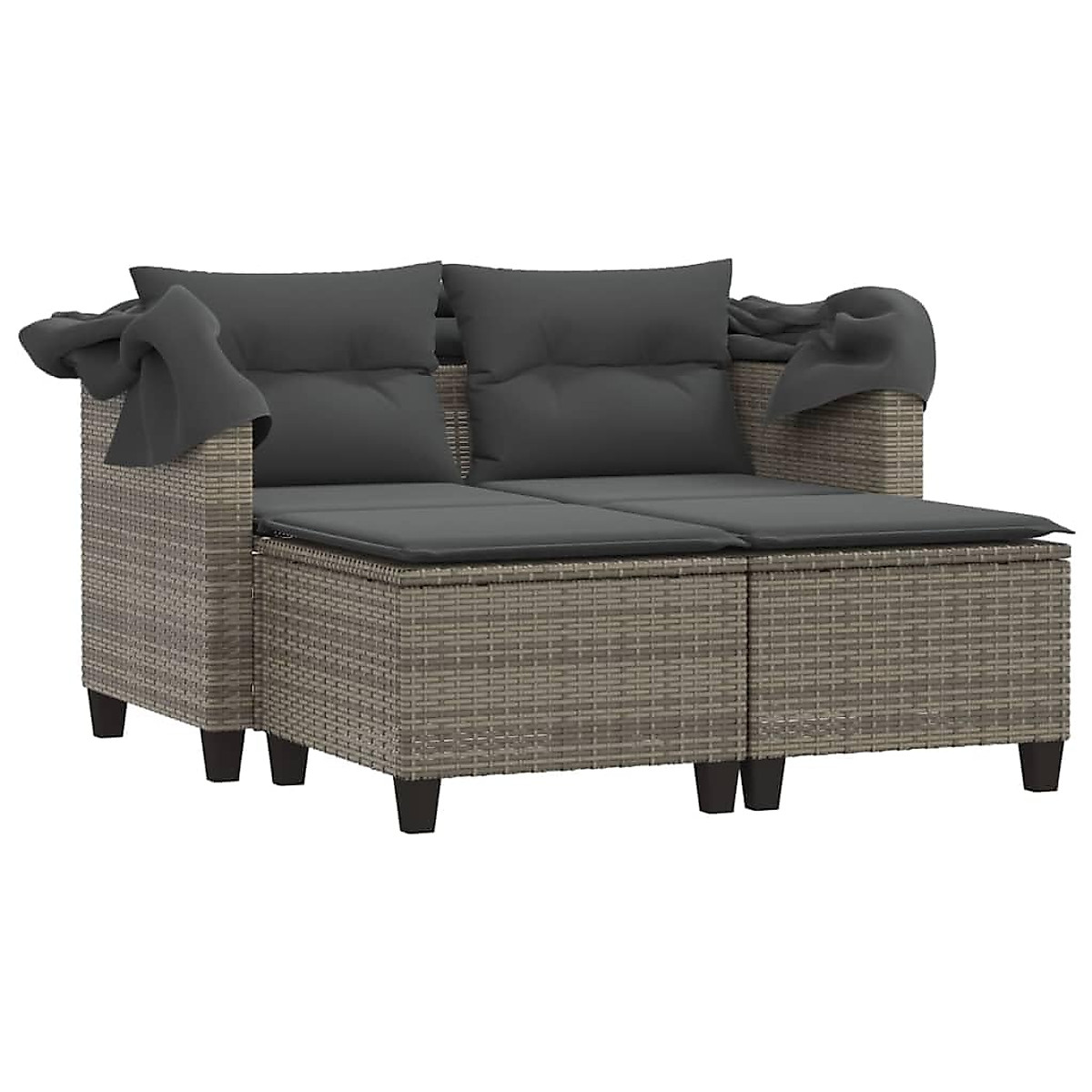 vidaXL Gray Poly Rattan Patio Loveseat with Retractable Canopy and Matching Stools - Outdoor 2-Seater Sofa - Weather-Resistant Garden Furniture