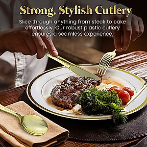 600 Piece Gold Dinnerware Set – 200 White and Gold Plastic Plates – Set of 300 Gold Plastic Silverware – 100 Gold Plastic Cups – Disposable Gold Dinnerware Set for Party or Wedding up to 100 Guests