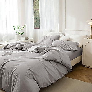 JIYUAN 100% Washed Cotton Duvet Cover Set Comfy Simple Style Soft Breathable Textured Durable Linen Feel Bedding for All Seasons King, Cream Grey