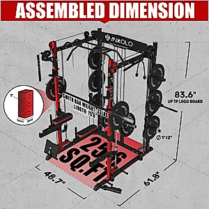 Mikolo Smith Machine, 2000LBS Multifunctional Squat Rack with LAT Pull Down System&Cable Crossover Machine for Home Gym, Power Cage with Dip/Leg Raise Attachments, Free Handles, Band Pegs（Red）