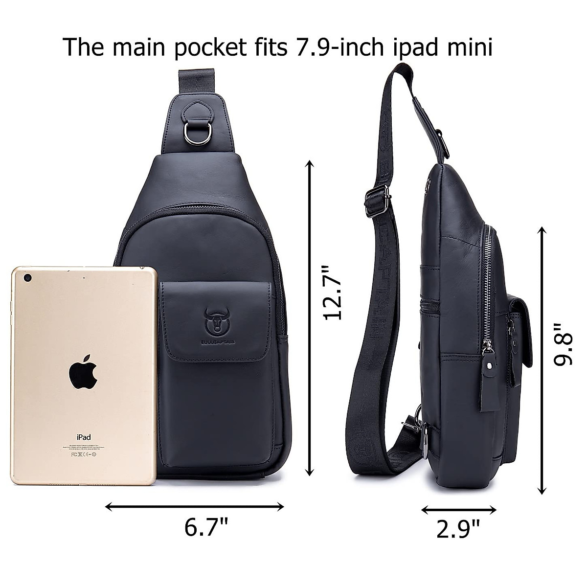 BULLCAPTAIN Genuine Leather Sling Bag for Men Multi-pocket Casual Travel Crossbody Chest Bag Hiking Backpacks (Black)