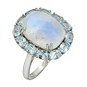 YoTreasure Moonstone and Sky Blue Topaz Cluster Ring Solid 925 Sterling Silver