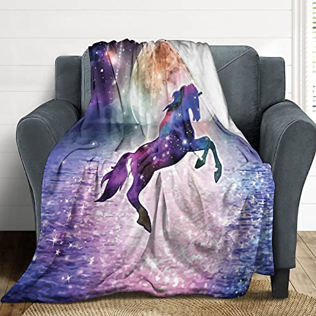 Colourful Unicorn on Ocean in Night Flannel Fleece Throw Blanket Soft Warm Lightweight Fuzzy Plush Blankets for Bed Couch Sofa 70"x80"