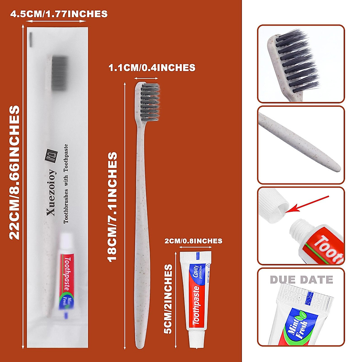 Xuezoioy Disposable Toothbrushes with Toothpaste,60Pack Apricot Individually Wrapped Disposable Travel Toothbrushes Kit in Bulk for Homeless,Nursing Home,Hotel,Charity