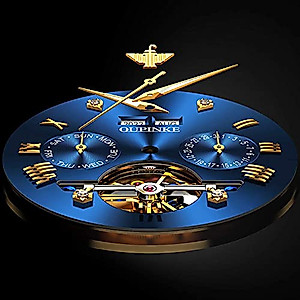 OUPINKE Automatic Mens Watches Blue Skeleton Mechanical Self Winding Tourbillon Luxury Business Dress Wristwatch