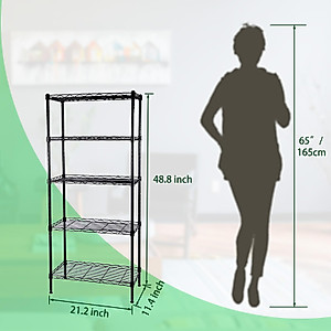 HESESOH 5-Wire Shelving Adjustable Shelves, Standing Storage Shelf for Laundry Bathroom Kitchen Pantry Closet Organization (Glossy Black, 21.2" L x 11.4" W x 48.8" H)