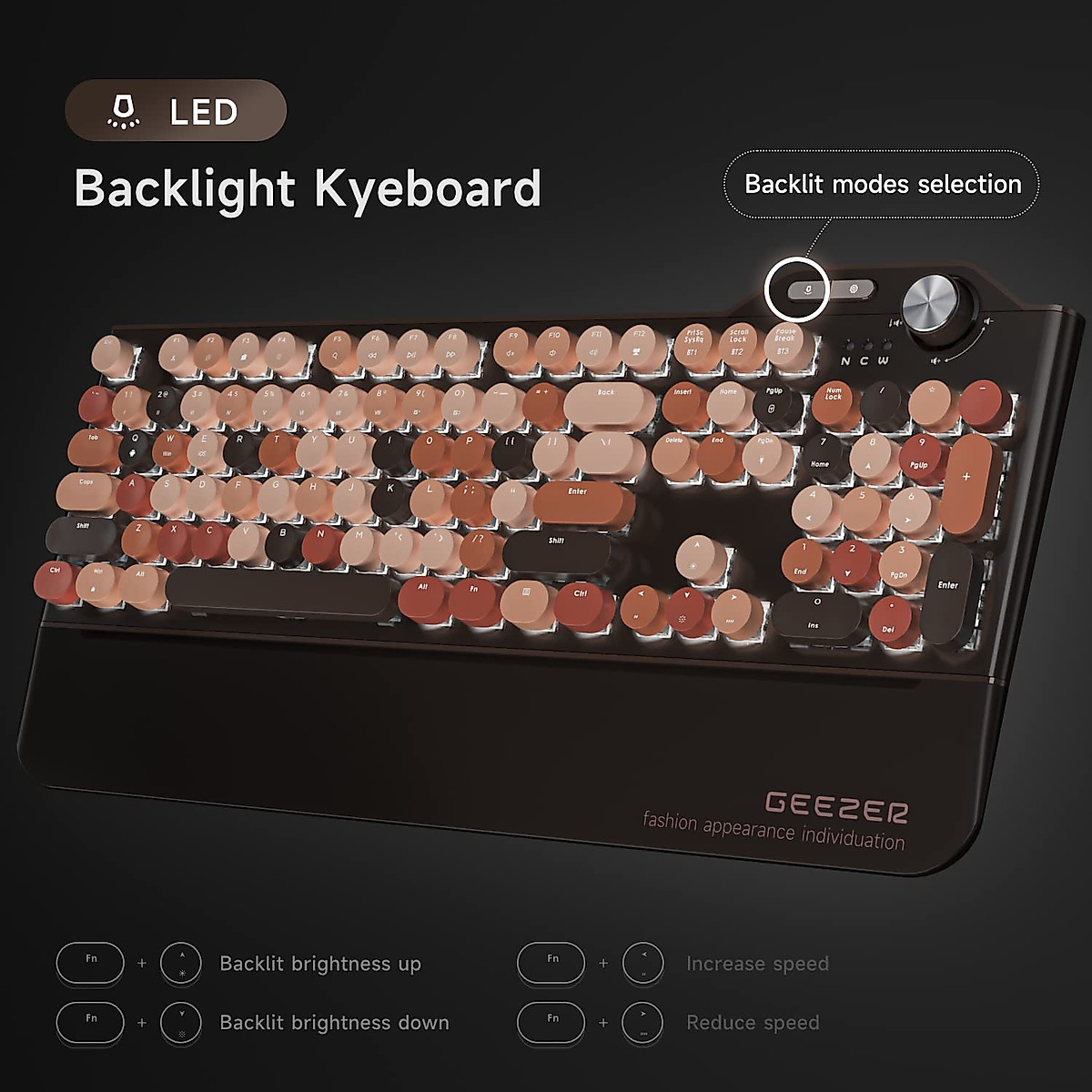 MOWUX Wireless Mechanical Keyboard, Multihost 2.4 GHz + Bluetooth + Type-C Wired Connectivity, LED Backlit PC Gaming Full-Size Rechagerable Keyboard, with Ergonomic Premium Magnetic Wrist Rest