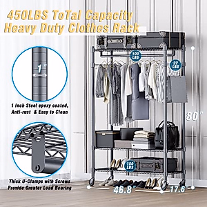Homdox 3 Shelves Wire Shelving Clothing Rolling Rack Heavy Duty Commercial Grade Garment Rack with Wheels and Side Hooks (One Pair Hook and Two Hanging Rods Gray)