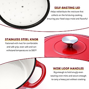 E-far Enameled Cast Iron Dutch Oven with Lid, 6 Quart Round Dutch Oven Pot Nonstick Cookware for Braising, Stews, Roasting, Bread Baking, Cooking, Heavy Duty, Induction & Oven Safe - Red