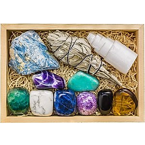 CRYSTALYA Calming Large Sleep Crystals and Healing Stones in Wooden Gift Box + 50pg EBOOK, Stress and Anxiety Relief - Amethyst, Lepidolite, Fluorite, Smoky Quartz, Selenite, Sage, and Info Guide